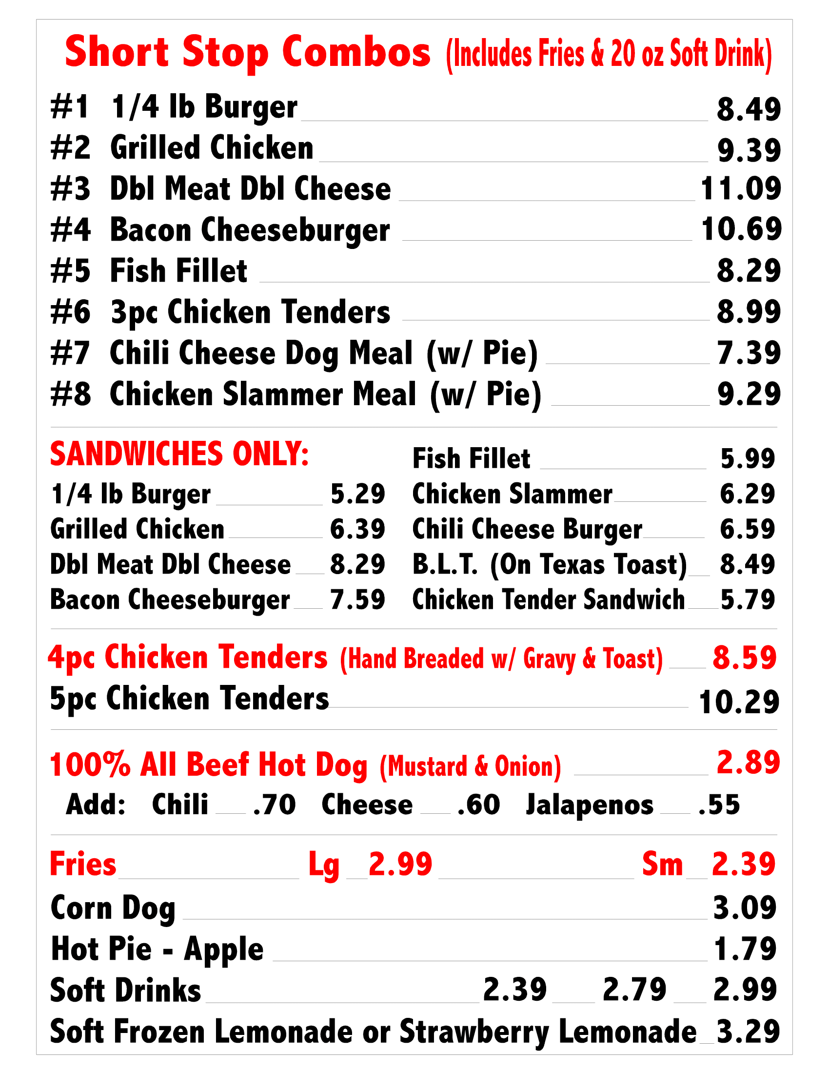Menu Short Stop Menu Short Stop